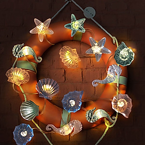 JOYFULPARTNER Ocean Decor String Lights for Bedroom, Nautical Theme Seashell Seahorse Conch Starfish Beach Lights 10FT 30LED Battery Powered & USB with Remote and Timer Dorm Party Camping Decorations