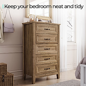 LINSY HOME Dresser for Bedroom, Rustic Chest of Drawers, 5 Drawer Dresser with Metal Handles, Tall Dresser for Entryway, and Closet Storage, Brown