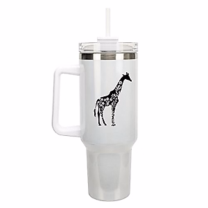Elanze Designs Giraffe Growing Wildflower Animal Floral Motif 40 Oz. Stainless Steel Water Bottle Coffee Mug, Spill & Leak Resistant, Travel Tumbler with Handle, Lid & Straw, White Shimmer