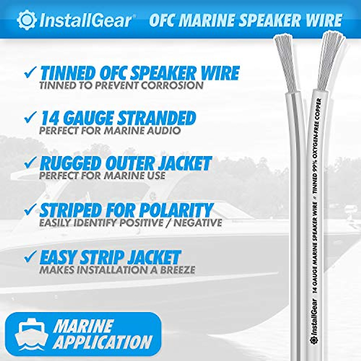 InstallGear 14 Gauge Tinned OFC Heavy Duty Boat Marine Speaker Wire, 50 feet | White Speaker Cable | Speaker Wire 14 Gauge | Marine Wire 14 Gauge Wire for Outdoor, Automotive, and Marine