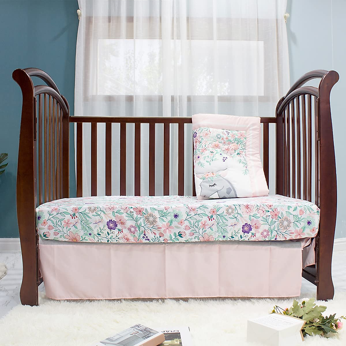 Yolent Baby Girl Crib Bedding Sets Crib Set for Girls Mini Floral Nursery Crib Bedding Sets 3 Piece Pink and Grey Princess Crib Bedding Set