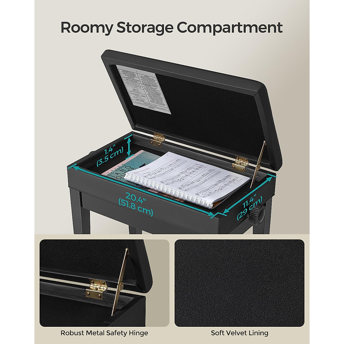 SONGMICS Adjustable Wooden Piano Bench Stool with Sheet Music Storage Black ULPB57H