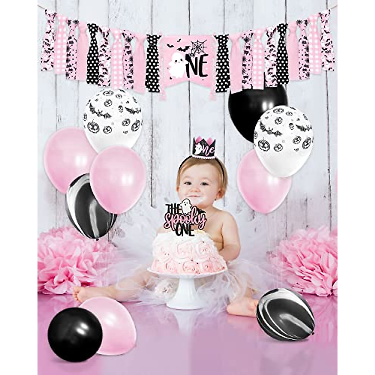Pink Halloween 1st Birthday Party Decorations Spooky One High Chair Banner Boo Cake Topper Ghost Crown Hat White Black Bat Balloons for Baby Girl Souvenir Gifts Cake Smash Photo Prop Backdrop Supplies