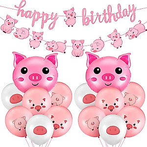 36 Pcs Pig Birthday Party Decorations Pink Pig Farm Animal Birthday Banner Piggy Latex Balloons Jumbo Pink Pig Head Foil Balloons for Piggy Baby Shower Decorations Pink Farm Themed Party Supplies