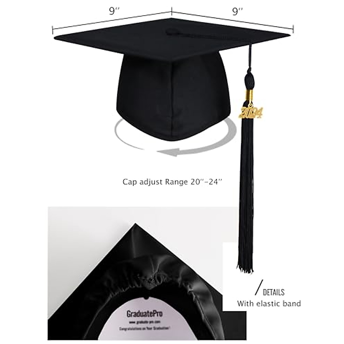 GraduatePro Matte Graduation Cap with 2024 Tassel for Adults High School and Bachelor Master Black