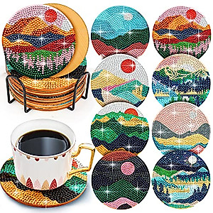 BABORUI 8Pcs Landscape Diamond Art Coasters, Small Diamond Art Kits for Adults Beginners, Diamond Art Kits for Boho House Decor
