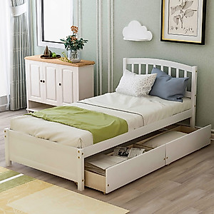Harper & Bright Designs Twin Storage Bed, Twin Size Platform Bed with 2 Drawers, Wooden Twin Bed with Headboard & Slat Support, No Spring Needed, Twin Bed for Boys, Girls, Teens, Adults(White)