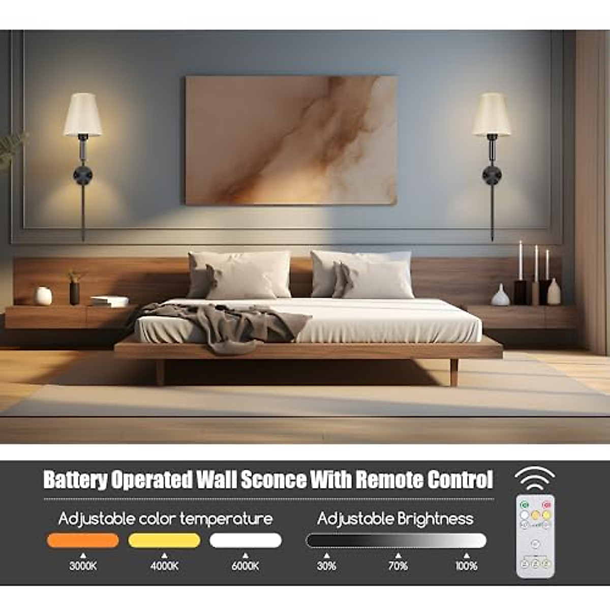 LAMPYLIFE Battery Operated Wall Sconce Set of 2 Two, Wireless Wall Sconces with Remote and Dimmable Detachable Bulbs, Rechargeable Battery Sconces Wall Decor for Bedroom Living Room Hallway (Black)