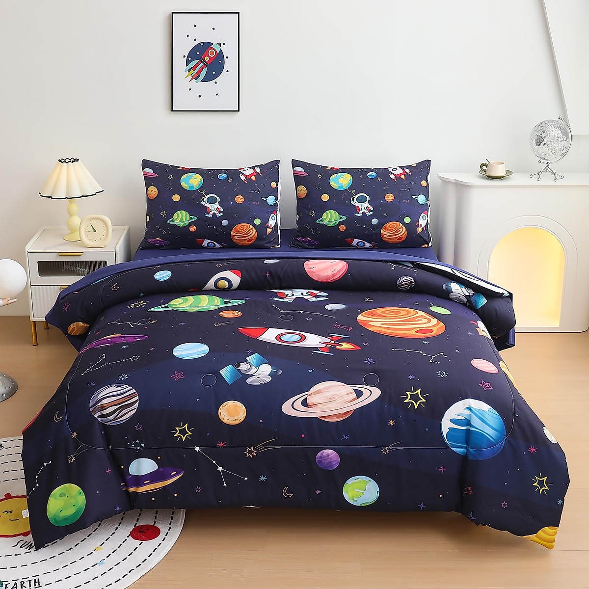 Twin Bedding Sets for Boys Space Bedding 5 Pieces,Teen Boys Bedding Space Ship Galaxy Bedding Twin Comforter Set with Sheets for All Season