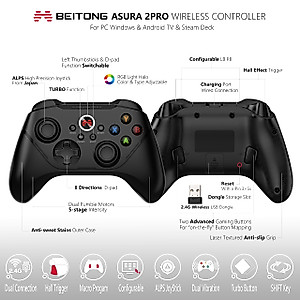 BEITONG Asura 2 Pro PC Gaming Controllers 2.4G Wireless Dual Vibrate Gamepad Joystick For Windows 7 8 10 11,Android TV,Steam,Simulater,Advanced M Buttons/Hall Effect Trigger (Black)