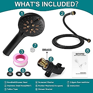 BATHPRO High Pressure Shower Head with Handheld, 6-mode Showerhead with Long Hose Stainless Steel 59", Built-in Power Wash to Clean, Adjustable Brass Ball Joint Bracket (2.5GPM, Matte Black)