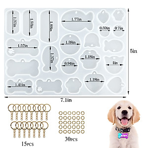 Pet Tag Resin Mold Silicone, Dog Tag Molds for Resin, Dog Bone Cat Shaped Keychain Silicone Resin Molds with 15Pcs Keychains DIY Crafts Making Tag Charm Pendant