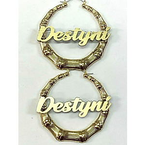 Stylish Bamboo Earrings Personalized Custom Gold 1.5, 2.5, 3.5" Size and Background Color Choice Hoop Name Plate Laser Cut Made To Order - Any Name Script Cursive Letters Stunning, Quality, Attractive (3.5" Bamboo Earrings)