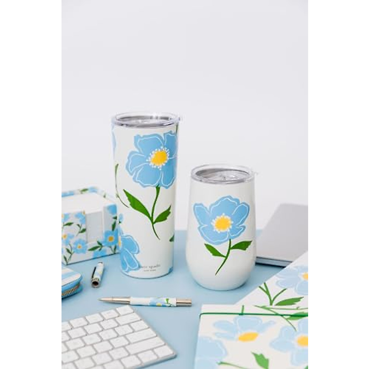 kate spade new york Insulated Stainless Steel Wine Tumbler, 16 Ounce Double Wall Tumbler, Blue Stemless Travel Cup with Lid, Sunshine Floral