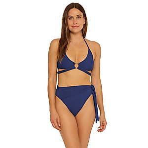 Trina Turk Women's Standard Olympia Ring Ribbed Halter Bikini Top-Adjustable, Tie Back, Swimwear Separates, Ink