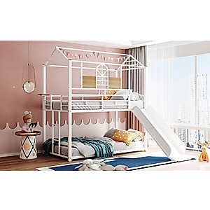 Tidyard Twin Over Twin Metal Bunk Bed,Metal Housebed with Slide,Three Colors Available.(White with White Slide) for Bedroom Dorm Guest Room Home Furniture