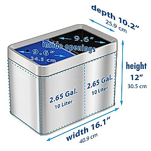 iTouchless 5.3 Gallon Open Top Trash Can & Recycle Bin Dual Compartment Combo, includes Decals, 20 Liter, Stainless Steel, Removable Buckets, For Kitchen, Office, Bedroom