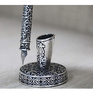 Vintage Antique Feather Pen Stem Metal Writing Quill Pen Set Calligraphy Pen Metal Carving Appearance,with 5 PCS Nibs (Blue Peacock)