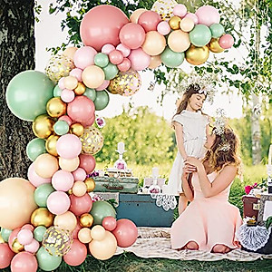 Sage Green Pink Balloon Garland Arch Kit, 116Pcs Retro Pink Apricot Metallic Gold and Confetti Balloons for Baby Shower Wedding Birthday Graduation Anniversary Party Decorations