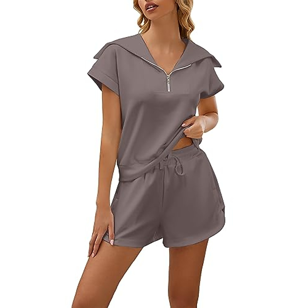 calbatic Women Casual Two Pieces Outfits Half Zip Lapel Collar Short Sleeve Sweatshirt High Waisted Shorts Tracksuit Sets