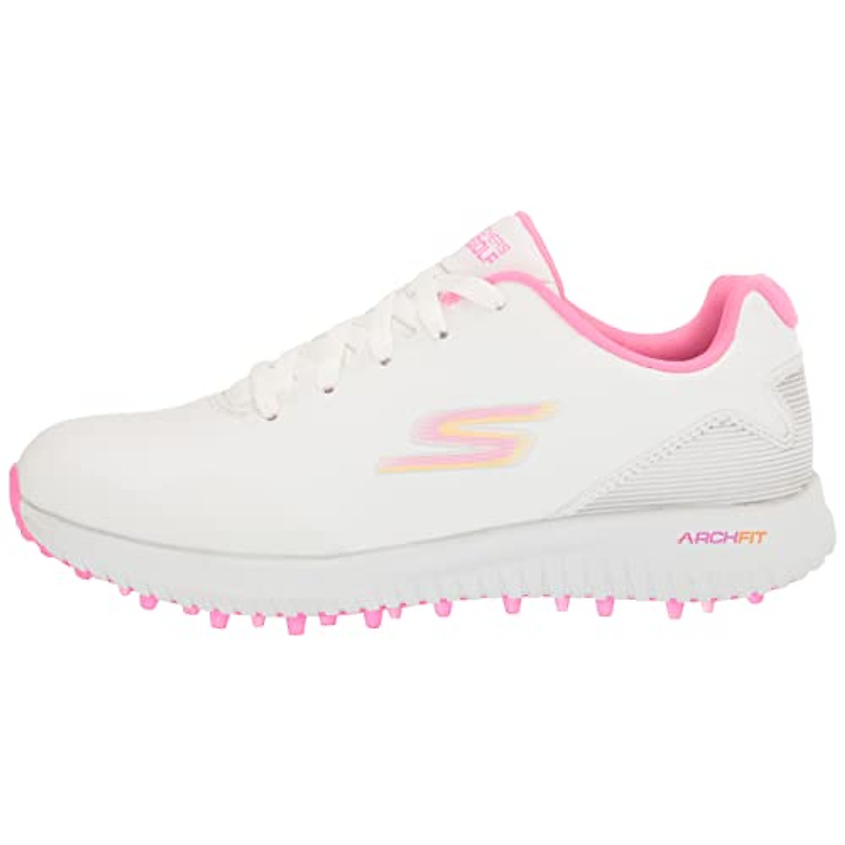 Skechers Women's Go Max Arch Fit Spikeless Golf Shoe Sneaker, White/Pink Waterproof, 6.5