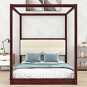 HAUSHECK Queen Size Canopy Bed with Upholstered Headboard, Four-Poster Queen Canopy Platform Bed Frame, Wood Floor Bed Frame with Sturdy Wooden Slatted Structure, No Box Spring Needed, Easy Assembly