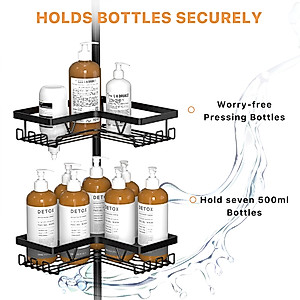 KEGII Corner Shower Caddy Tension Pole - Shower Tension Rod Organizer, Floor to Ceiling Shower Caddy 25-114.2 inch, Towel Rack Corner Waterproof, Black