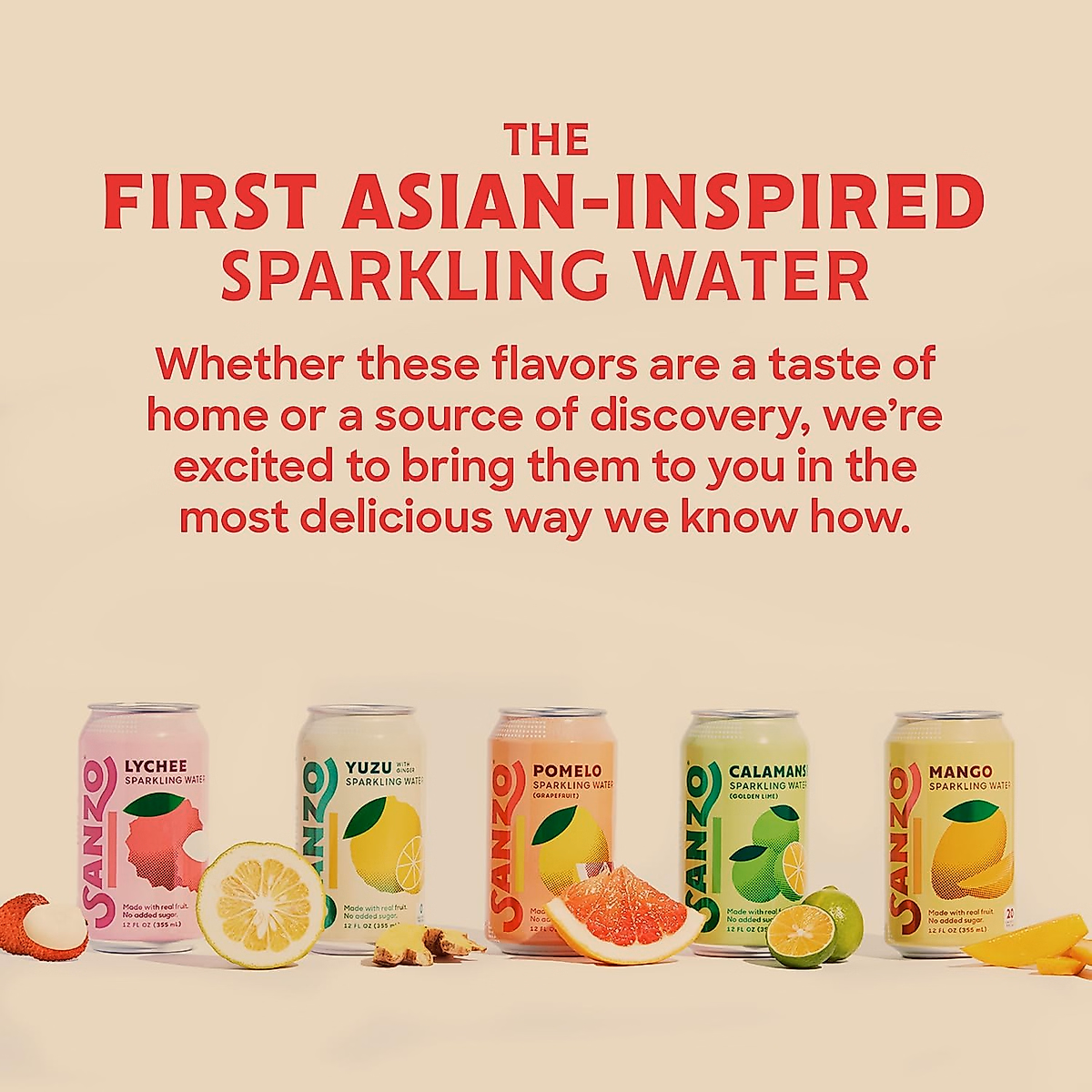 Sanzo Flavored Sparkling Water Variety 12-Pack - Lychee (Berry), Yuzu (Lemon), Pomelo (Grapefruit), Calamansi (Lime), & Mango (Alphonso) - Made with Real Fruit, No Added & Gluten Free - 12 Fl Oz