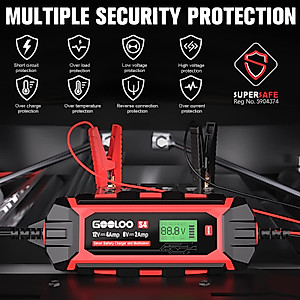 GOOLOO S4 4 Amp Car Battery Charger Automotive, 6V/2A 12V/4A Smart Trickle Charger Maintainer with Supply Mode, Automatic Motorcycle Battery Charger for Truck Lawn Mower RV Boat Lead-Acid Battery