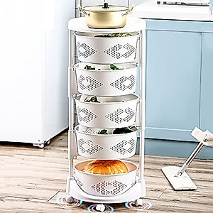 Gdrasuya10 Rotating Multi-Layer Kitchen Storage Shelf Metal Corner Shelves Stackable Removable Basket Rack Organizer on Rolling Wheels for Fruit Vegetable (5-Tier, White)