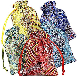 10pcs Silk Brocade Jewelry Pouch Bag 4x5.5" for Wedding Party Favors, Drawstring Coin Purse Embroidered Sachet Candy Chocolate Bag for Christmas New Year Birthday Party (Thick)