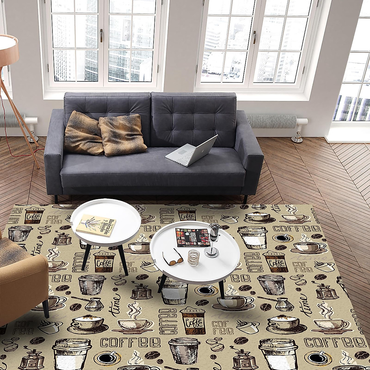 Area Rug for Bedroom Living Room Decor,Retro Sketch Coffee Set Bean with Quote Ultra Soft Non-Slip Accent Rugs Indoor Large Floor Carpet Aromatic Drink on Khaki Non-Shedding Nursery Floor Mat,48x72in