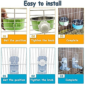 Hamiledyi Crate Bunny Food Bowl Removable Stainless Steel Pet Dog Cage Dual Bowls Plastic Hanging Water Fountain Automatic Bottle Food & Water Feeder Coop Cup for Rabbit Cat Puppy Guinea Pigs 3PCS
