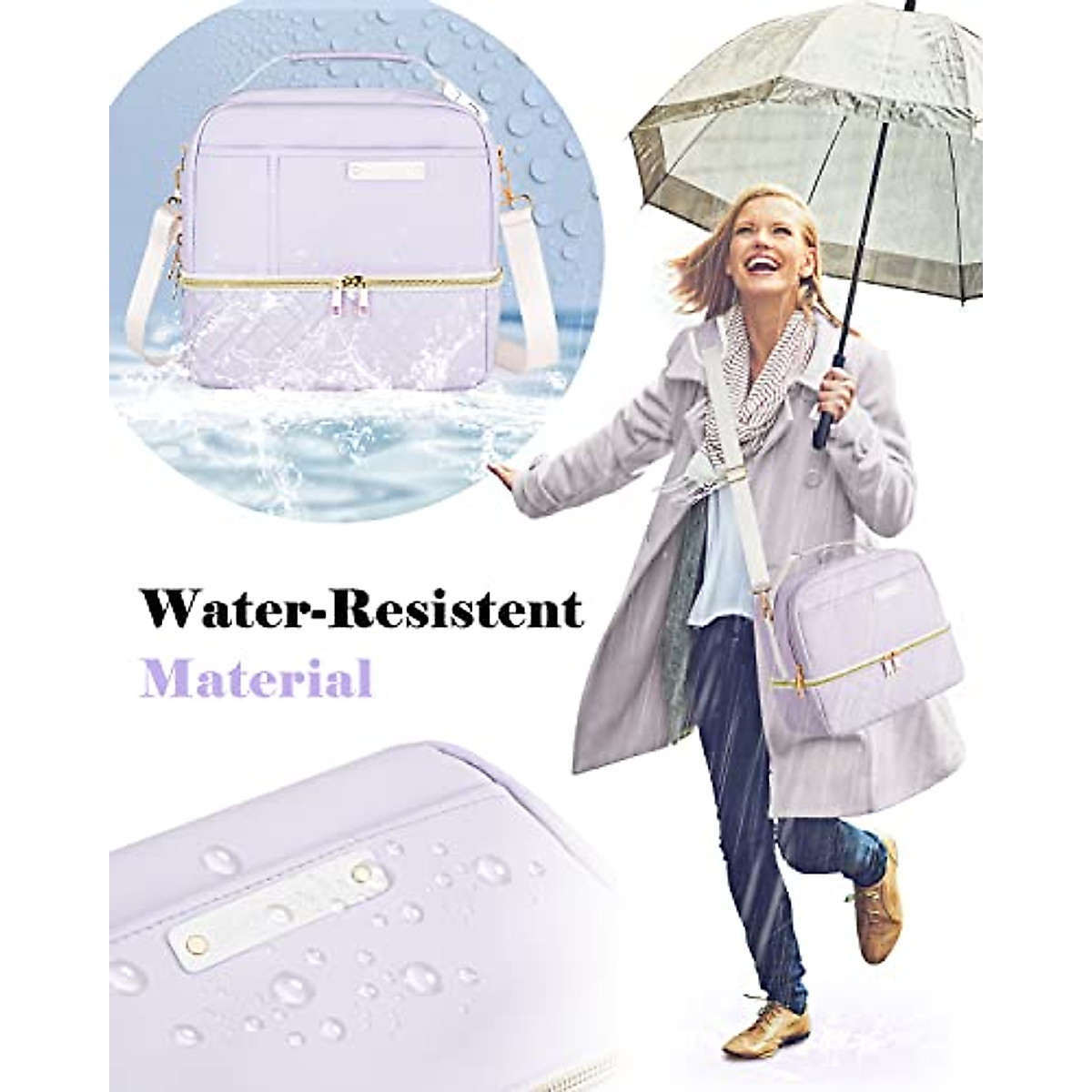 GLORIEROO® Lunch Bag Women Men, Large Insulated Lunch Box Tote Cooler - Stylish Vegan Leather 2 Tier Lunch Bag with Adjustable Shoulder Strap for Adults Travel Work, Purple