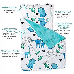 JumpOff Jo - Toddler Nap Mat - Sleeping Bag for Kids with Removable Pillow and Ultra Soft Blanket for Preschool, Daycare, and Sleepovers - Blue Dino