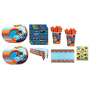 Hot Wheels Wild Racer Birthday Party Supplies Bundle Pack for 16 includes Dessert Plates, Napkins, Cups, Table Cover