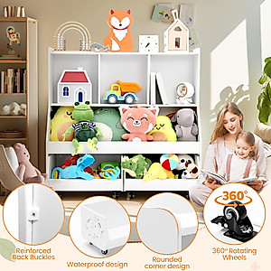 Tykacna Toy Storage Organizer for Kids with Bookshelf,Ideal Toy Organizer with 2 Movable Drawers, 4-Tier Toddler Book Shelf for Kids Rooms with 6 Storage Cubbies,White