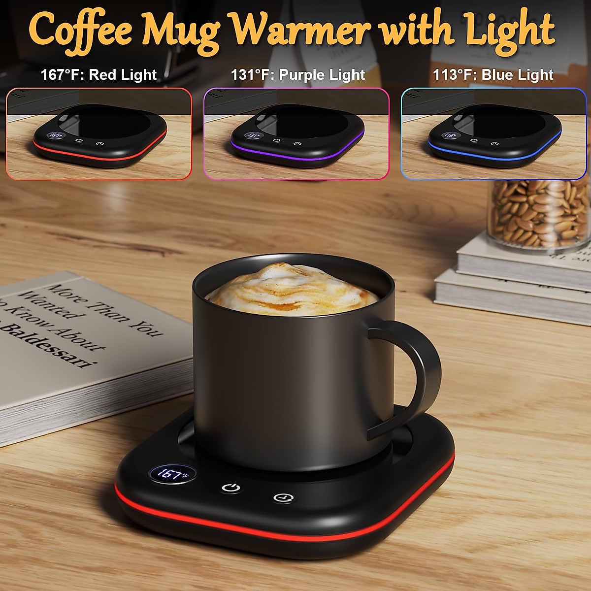 Mug Warmer Upgraded,Coffee Mug Warmer for Desk LEDs Light 3 Temp Settings (45-75℃) 1-12H Timer 4 H Auto Shut Off Beverage Cup Candle Warmer for Coffee Tea Milk(Black)
