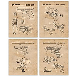 Vintage Glock Patent Prints, 4 (8x10) Unframed Photos, Wall Art Decor Gifts Under 20 for Home Office Man Cave Garage Shop Gun Firearm Range Student Teacher Police Coach USA Military Law Veterans Fan