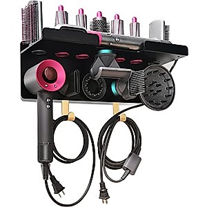 2in1 Wall Mount Holder for Dyson Airwrap Styler & Dyson Hair Dryer, Nail-Free or Perforat to Install, Organizer Storage Rack with Hooks Steel Rings for Curling Barrels Brushes