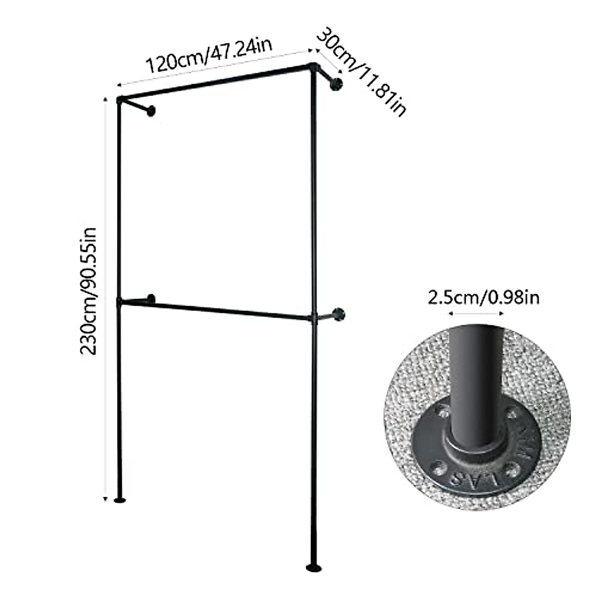 MYOYAY Industrial Pipe Clothes Rack Metal Clothing Garment Rack Wall Mounted Black Iron Garment Bar Multi-Purpose Hanging Rod Clothes Shelves for Closet Storage 47.24 x11.81 x 90.55 inches