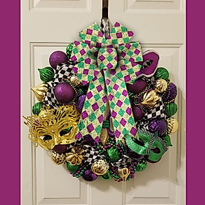 Estivaux 2 Pieces Mardi Gras Bows for Wreath, Mardi Gras Wreath Bows Glitter Green Purple Gold Stripe Bows Fat Tuesday Bows Bows for Front Door Mardi Gras Masquerade Party Decorations