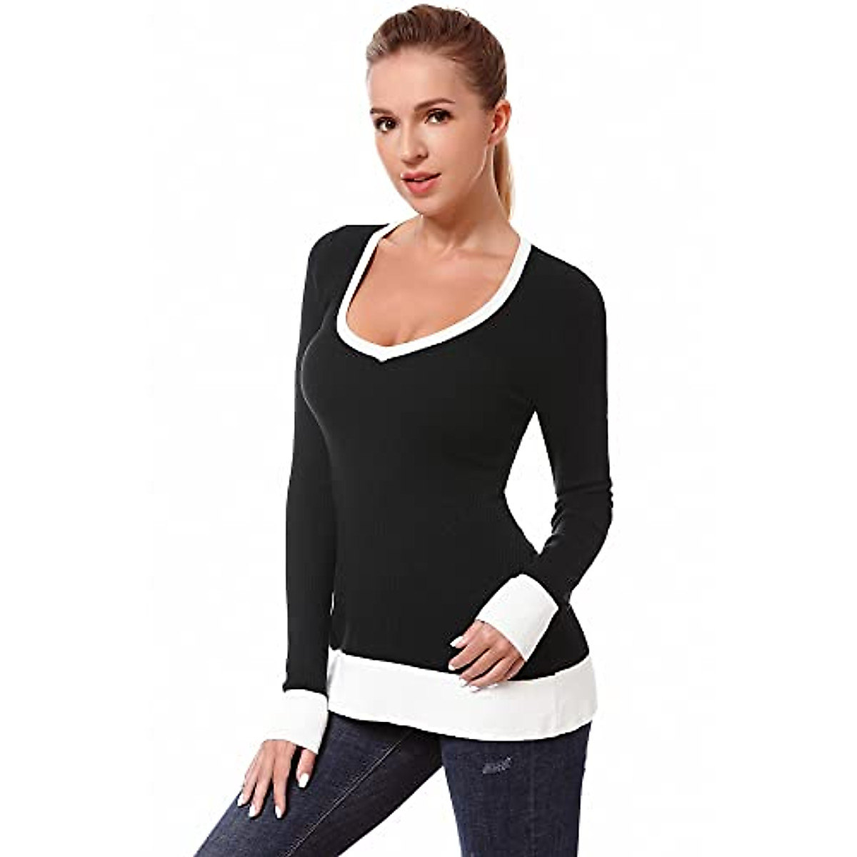 AmélieBoutik Women Color Trim V Neck Long Sleeve Pullover Knit Sweater Top (Black and Ivory White X-Small)
