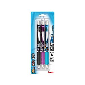 Pentel EnerGel RTX Impressions Gel Pen 0.7mm Med, Assorted Stylish Barrel Accents, Refillable Black Ink, 3 Pack
