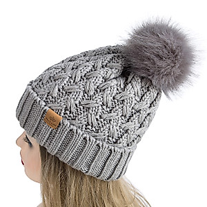PAGE ONE Womens Winter Ribbed Beanie Crossed Cap Chunky Cable Knit Pompom Soft Warm Hat Light Gray