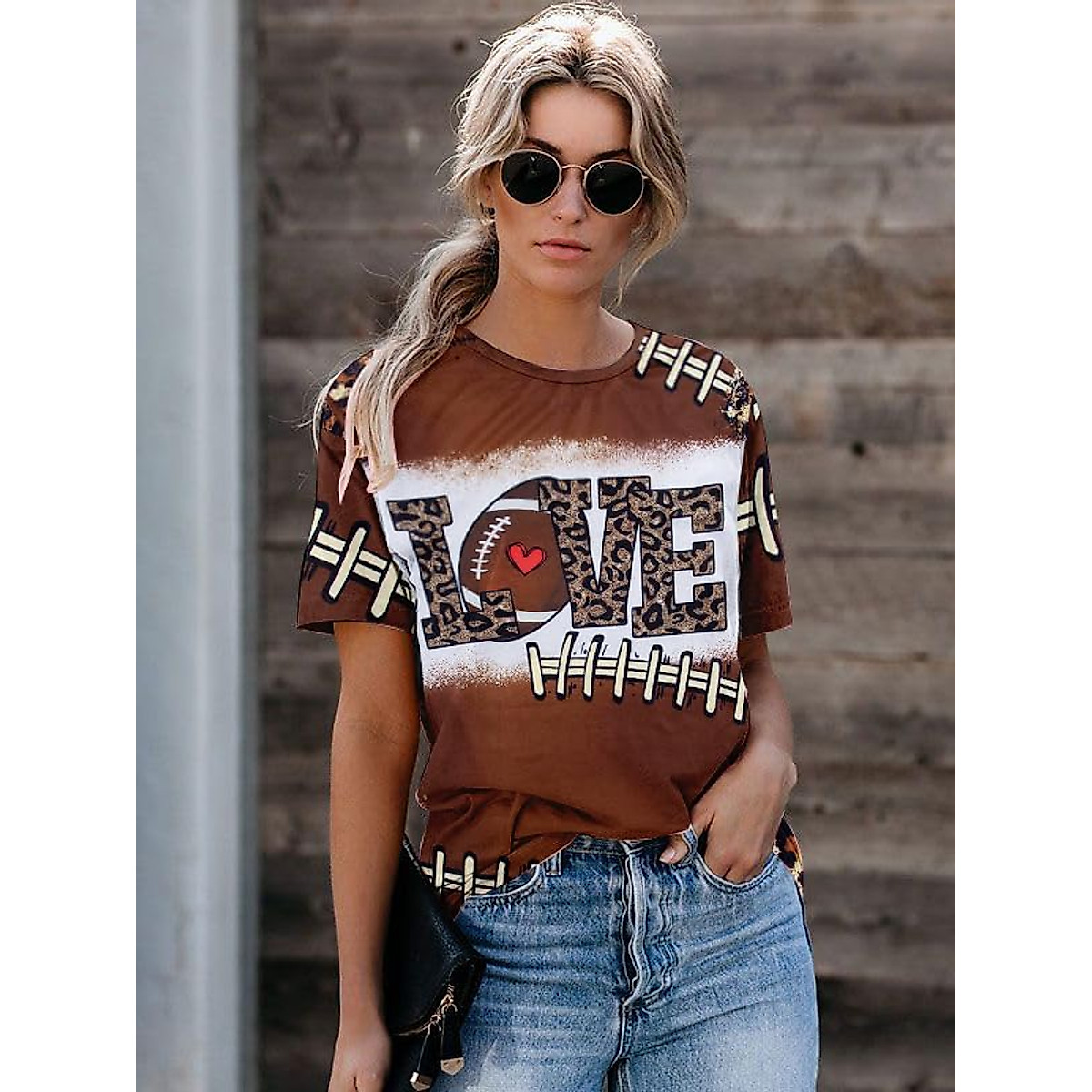Women Football Shirt Game Day Shirt Love Football Print Tee Football Season T-Shirt Vintage Bleached Short Sleeve Top Bronze