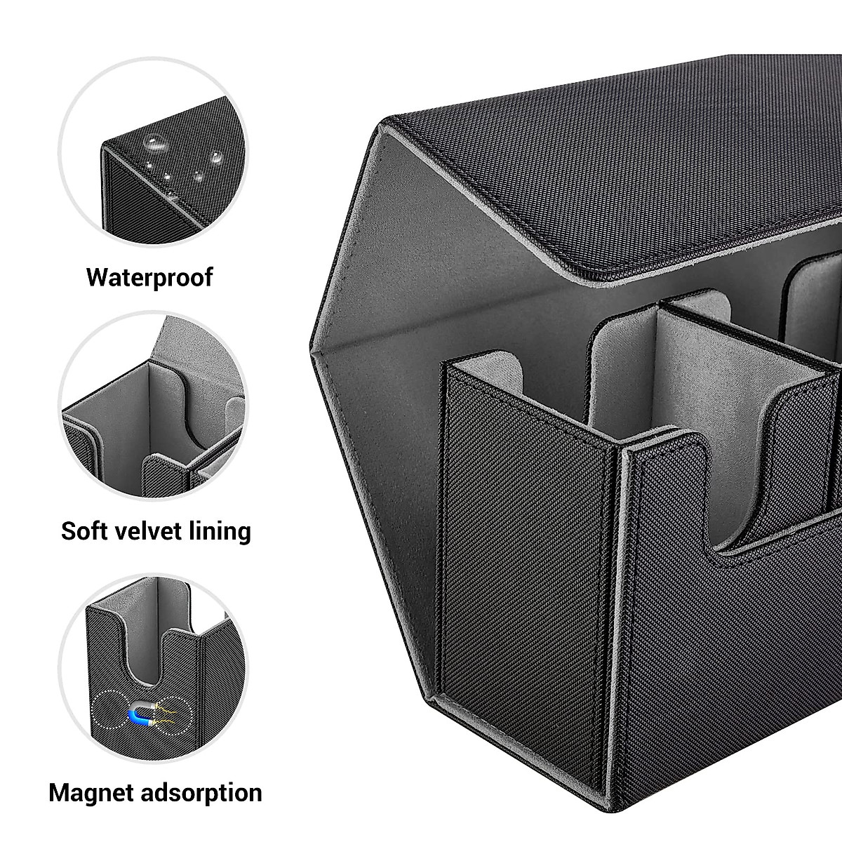 FOTEEMO Card Deck Box for MTG, 3 in 1 Commander Deck Box Deck Box Trading Card Deck Storage Box Holding 300+ Sleeved Cards Magic Commander TCG CCG Sports Card Box (Black and Grey)