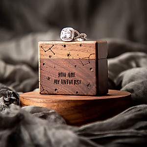 MUUJEE You Are My Universe Engraved Wooden Ring Box, Slim Engagement Proposal Ring Holder, Wedding Ceremony Ring Bearer Box, Fiance Gift Ideas