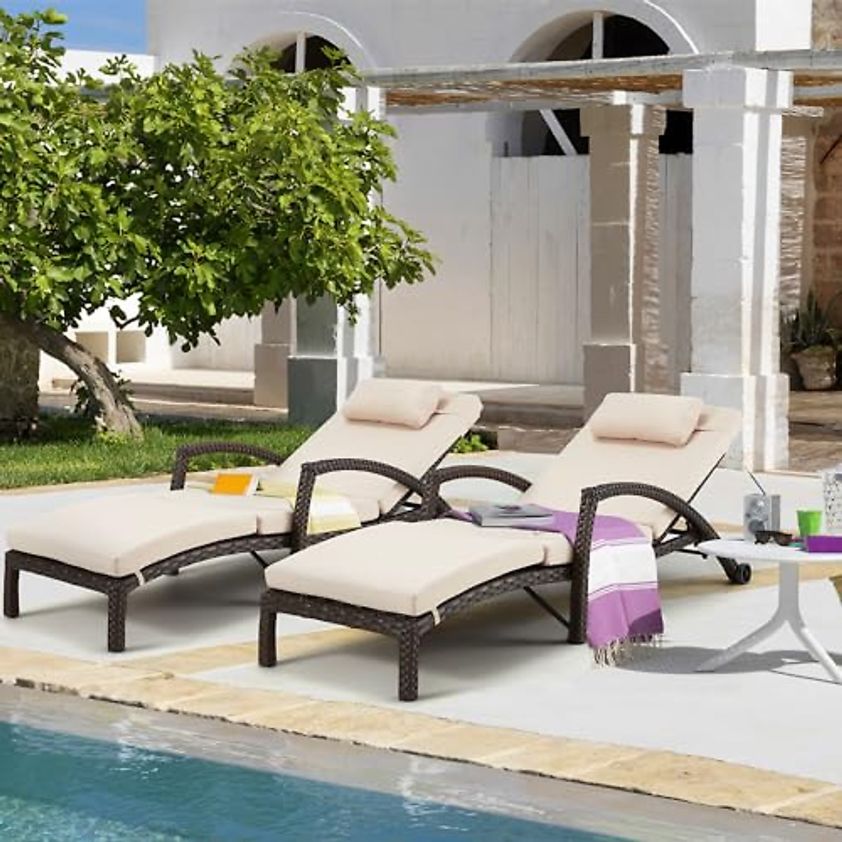 HOMREST Chaise Lounge Chairs Set of 2 for Outside, Adjustable 5 Position Outdoor PE Rattan Wicker Patio Pool Lounge Chair with Arm, Cushion, Pillow and Wheels for Poolside Backyard Deck Porch,Khaki