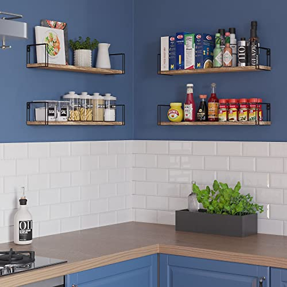 Wallniture Avila Floating Shelves for Wall, Kitchen Pantry Organization and Storage Shelves, Wall Bookshelves for Bedroom, Living Room Decor 24"x4.5" Set of 4 Natural Burnt